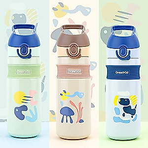 16oz Kids Insulated Water Bottle with Straw,Thermos Stainless Steel Vacuum Travel Cup for Toddlers,Appropriate for Kids Older 4 years(Green)
