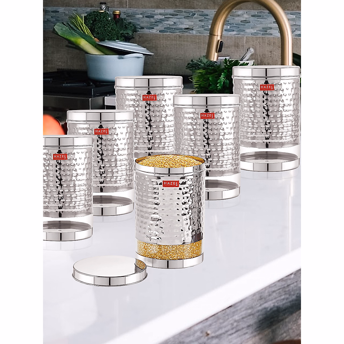 HAZEL Stainless Steel Container For Kitchen Storage Hammered Finish Transparent See Through Glossy Storage Jar Dabba, Set of 6, 2200 ML, Silver