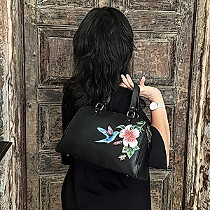 Anuschka Women's Hand Painted Genuine Vegetable Tanned Leather Wide Organizer Satchel - Hummingbird Black