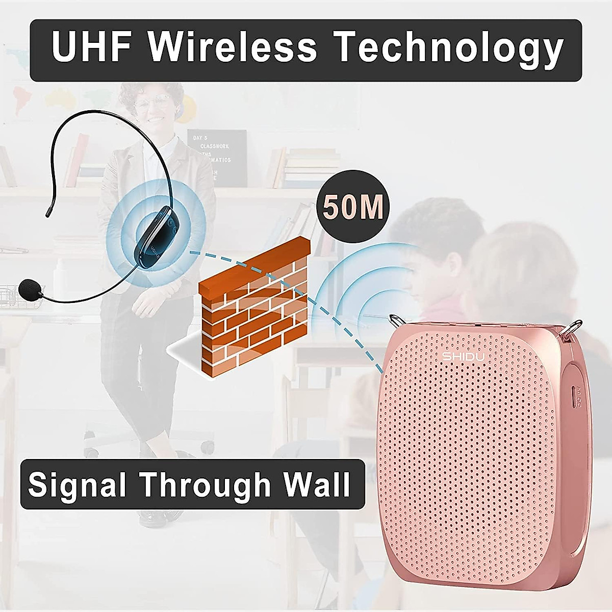 SHIDU Wireless Voice Amplifier for Teachers, Mini Voice Amplifier with UHF Microphone Headset,1800mAh Rechargeable 10W Personal Portable Speaker Suitable for Coaches, Tour Guides, Speeches, Outdoors