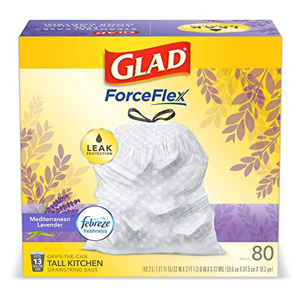 Glad ForceFlex Tall Kitchen Drawstring Trash Bags 13 Gallon White Trash Bag, Mediterranean Lavender scent with Febreze Freshness 80 Count (Package May Vary)