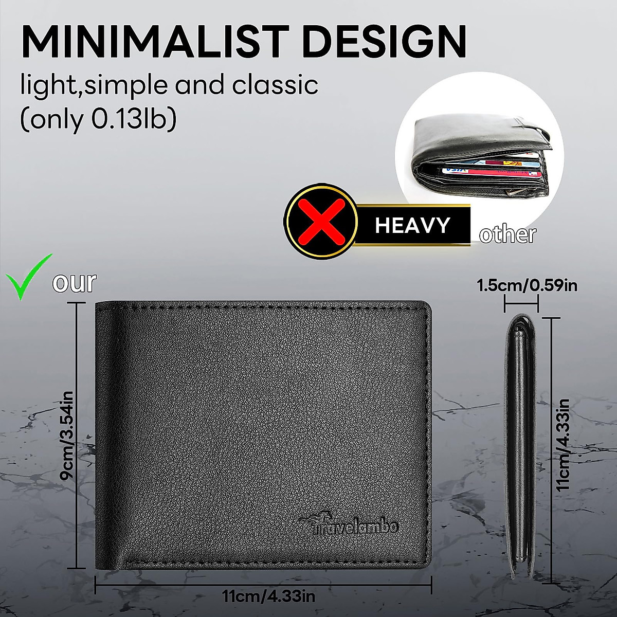 Travelambo Black Wallet for Men, Premium Genuine Leather RFID Blocking Mens Wallet, 10 Credit Card Holder Minimalist Front Pocket, Mens Bifold Wallet with 2 ID Window