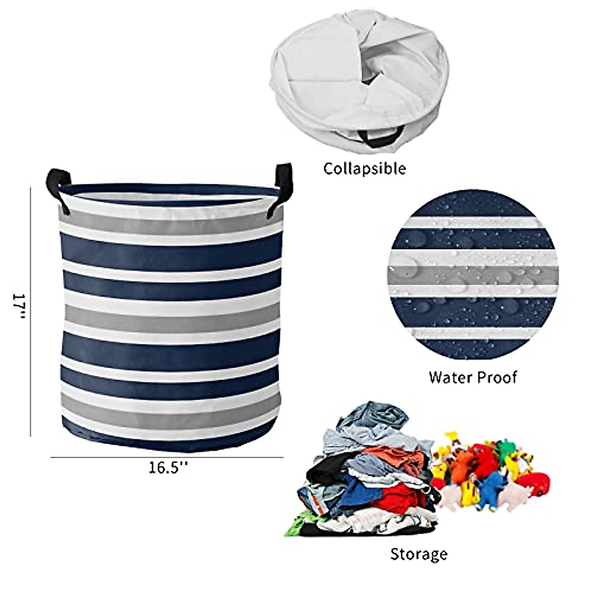 Laundry Basket Striped,Waterproof Collapsible Clothes Hamper Navy Blue Gray and White Stripe,Large Storage Bag for Bedroom Bathroom 16.5x17In