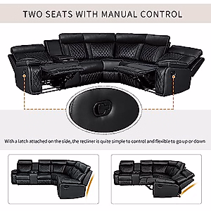 Merax, Black Home Theater Seating Manual Cup Holder, Hide-Away Storage PU Reclining Sofa Couch for Living Room