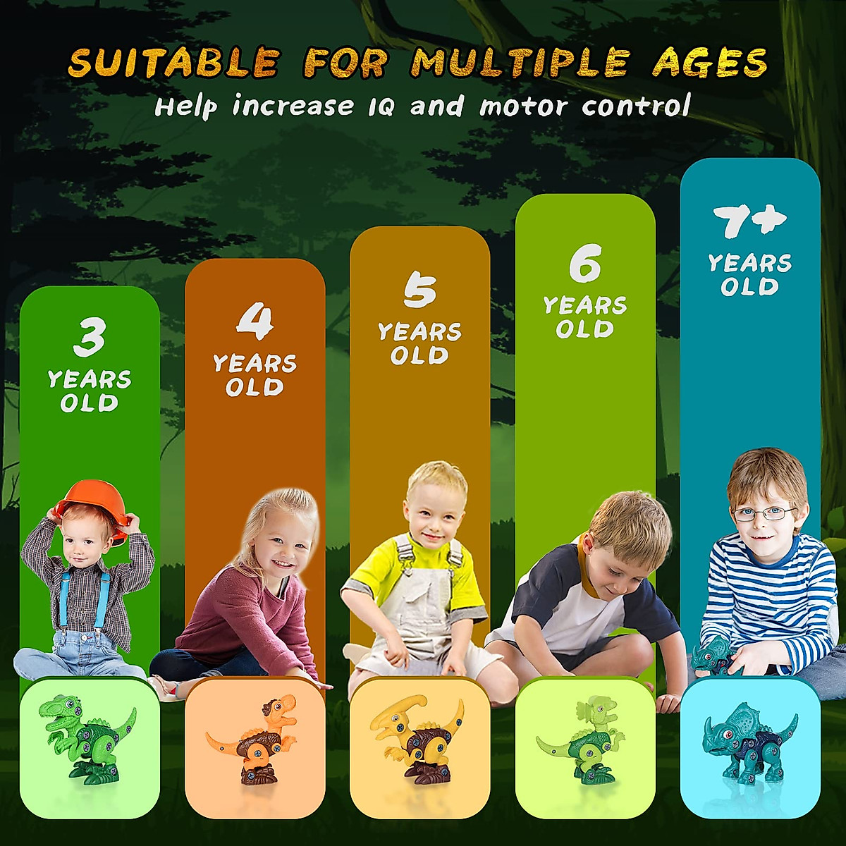 Teiiluve (5 Pack) Dinosaur Toys for Kids 3, 4, 5, 6, 7 8 - Kids Toys with Electric Drill - Stem Learning Construction Building Toys - Party Birthday Gifts for Kids Boys Girls