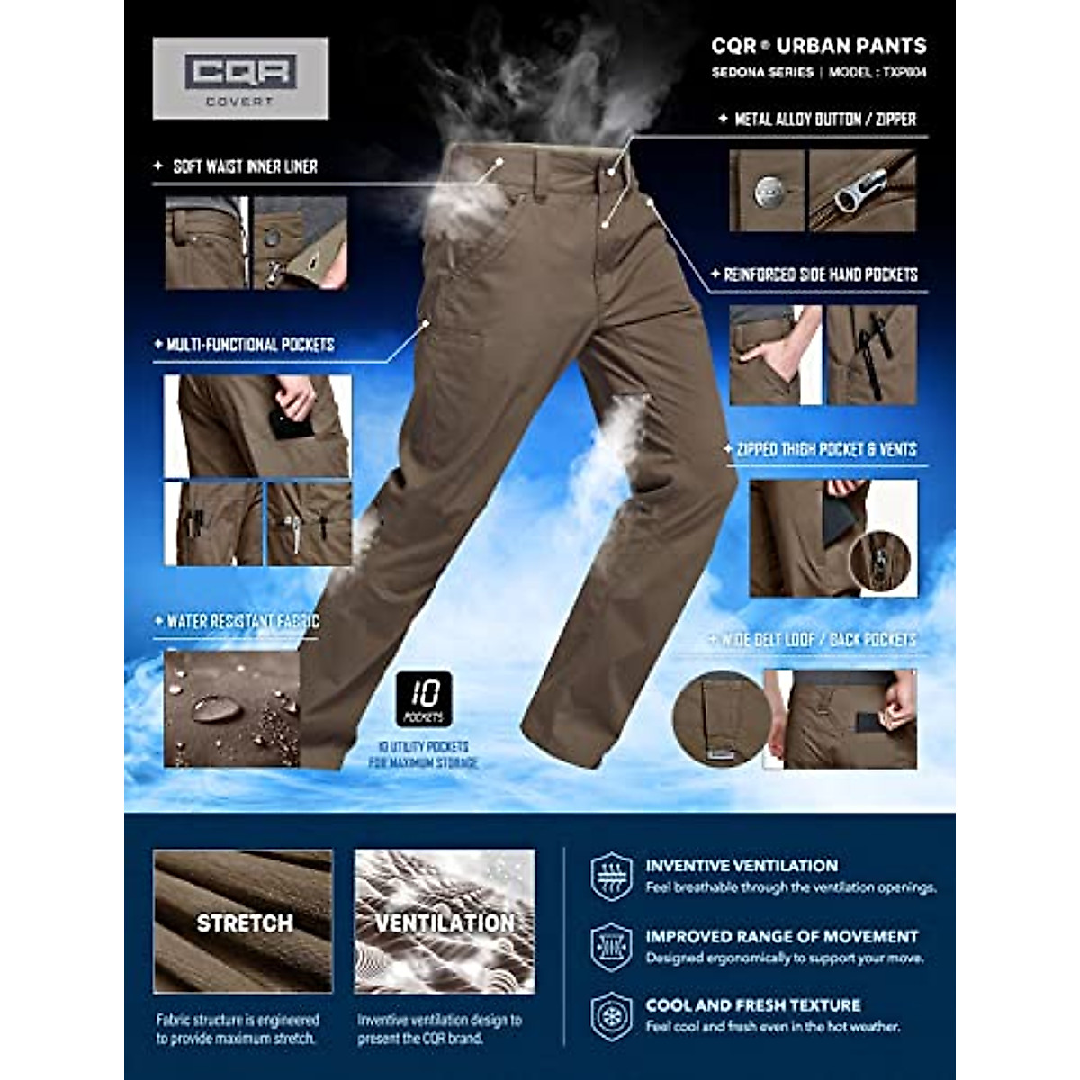 CQR CLSX Men's Cool Dry Tactical Pants, Water Resistant Outdoor Pants, Lightweight Stretch Cargo/Straight Work Hiking Pants, Sedona Pants Tundra, 38W x 32L