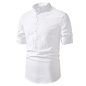 Hakjay Cotton Linen Shirts for Men Casual Shirts Long Sleeve Henley Beach Shirts Hawaiian T Shirts for Men White Large