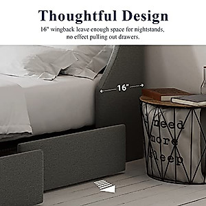 Allewie King Size Bed Frame with 4 Storage Drawers and Wingback Headboard, Button Tufted Design, No Box Spring Needed, Light Grey