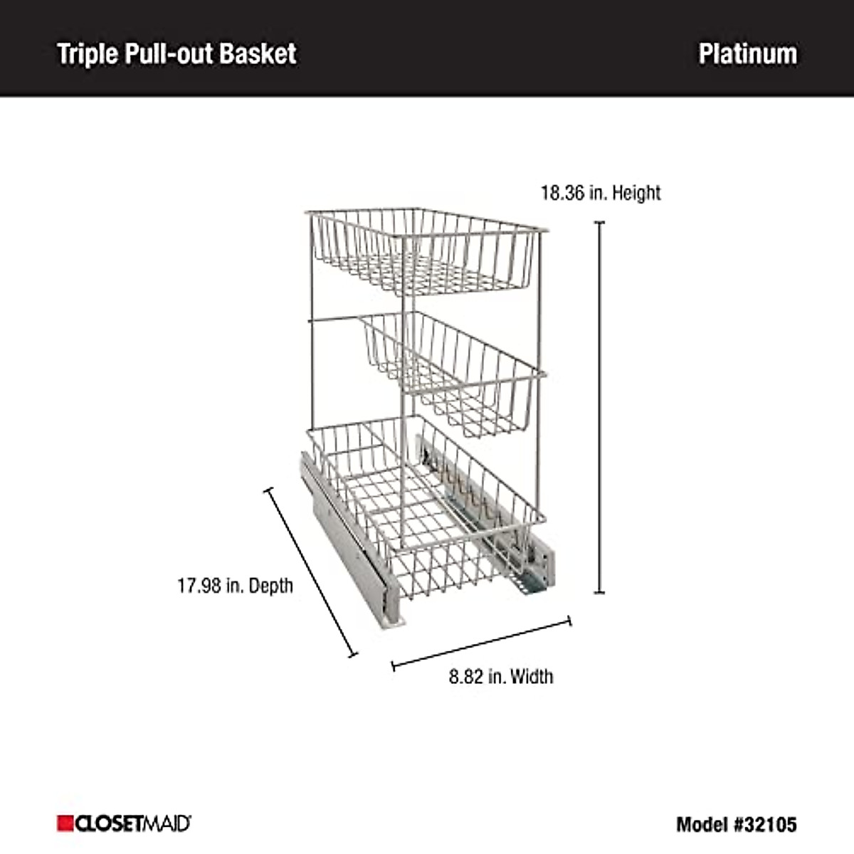 ClosetMaid 32105 Premium Wide 3-Tier Compact Kitchen Cabinet Pull-Out Basket, 8.75-Inch