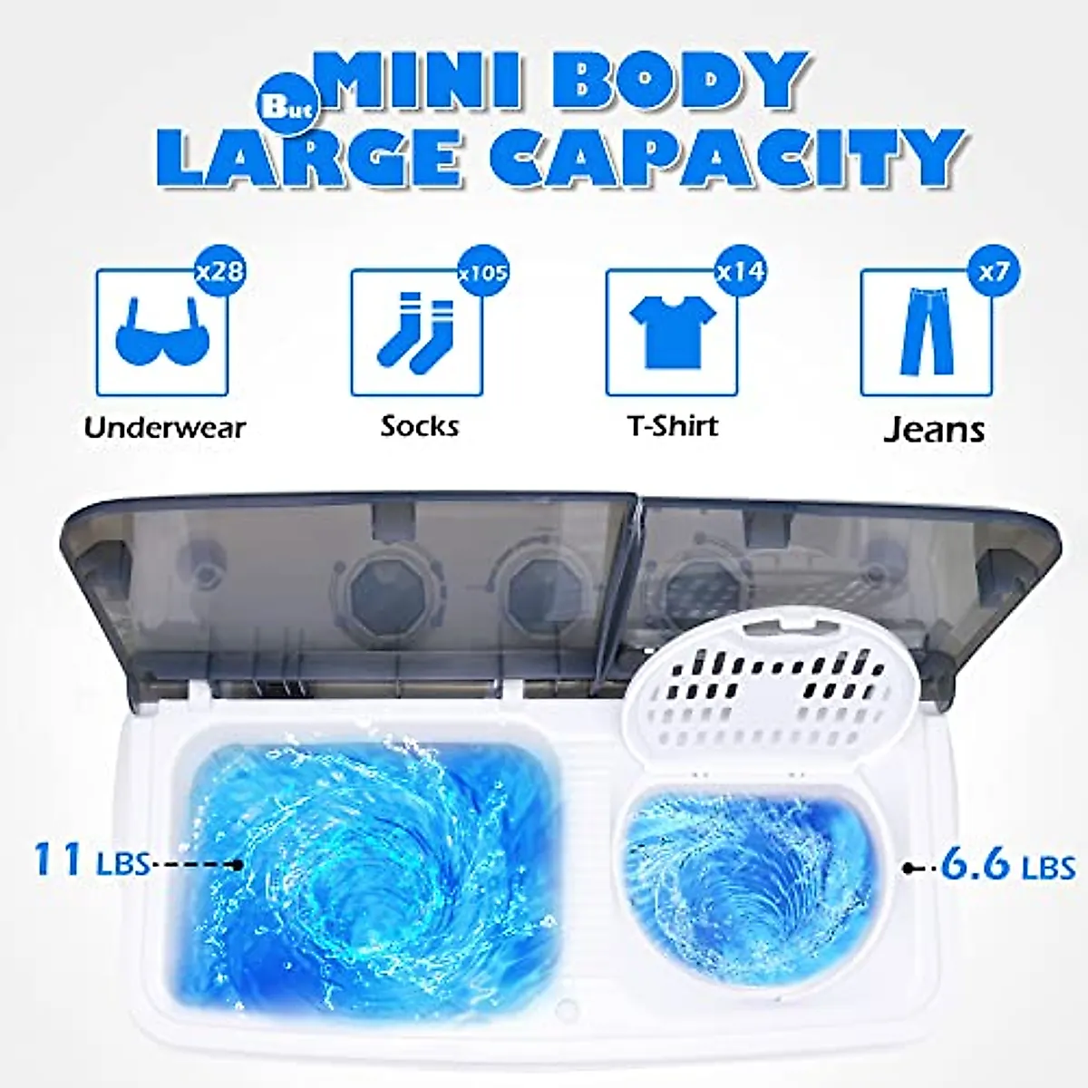 Portable Washing Machine 17.6Lbs Capacity Washer&Dryer Combo 2 In 1 Mini Compact Twin Tub Laundry Washer(11Lbs) & Spinner(6.6Lbs) with Gravity Drain Pump for Apartment,Dorms,RV Camping(grey+white)