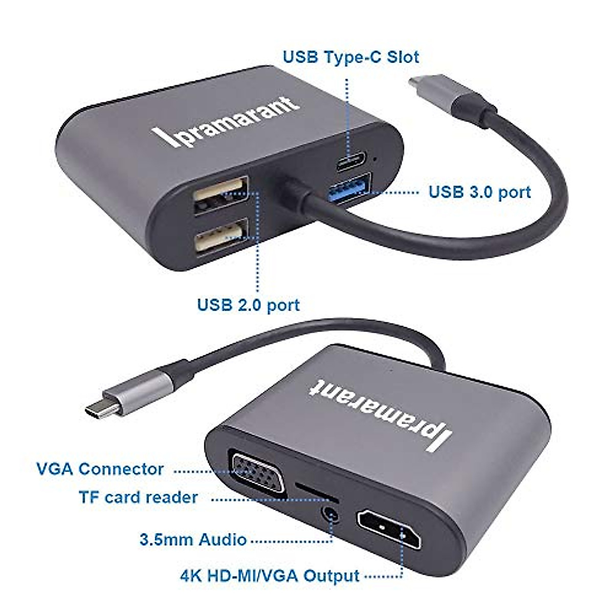High-Speed 8 In 1 USB Splitter With 4K HDMI 2 USB 2.0 And 1 USB 3.0 1080P VGA USB-C Power Delivery 3.5mm Audio Support TF Card Reader Compatible For Flash Drive Laptops And More USB Hub Adapter Portab