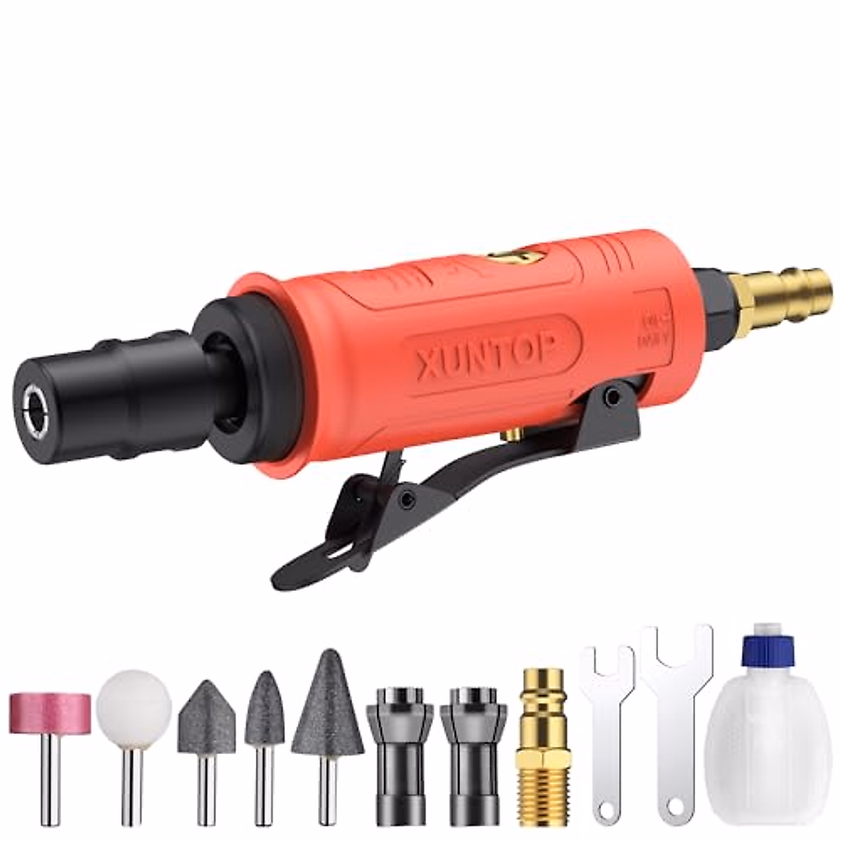 XUNTOP 25000Rpm Pneumatic Straight Die Grinder with After-Exhaust,Straight Die Grinder with Empty Oil Bottle and 1/4" 1/8"Collets Widely Used in Polishing,Edge Smoothing,Deburring