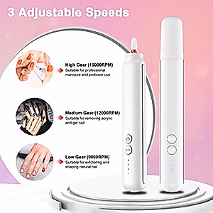 Nail Drill for Acrylic Nails, Cordless Electric Nail File for Gel Remover and Polish, Professional Manicure Set & Pedicure Tool Kits for Home Salon Use, Rechargeable and Portable-White