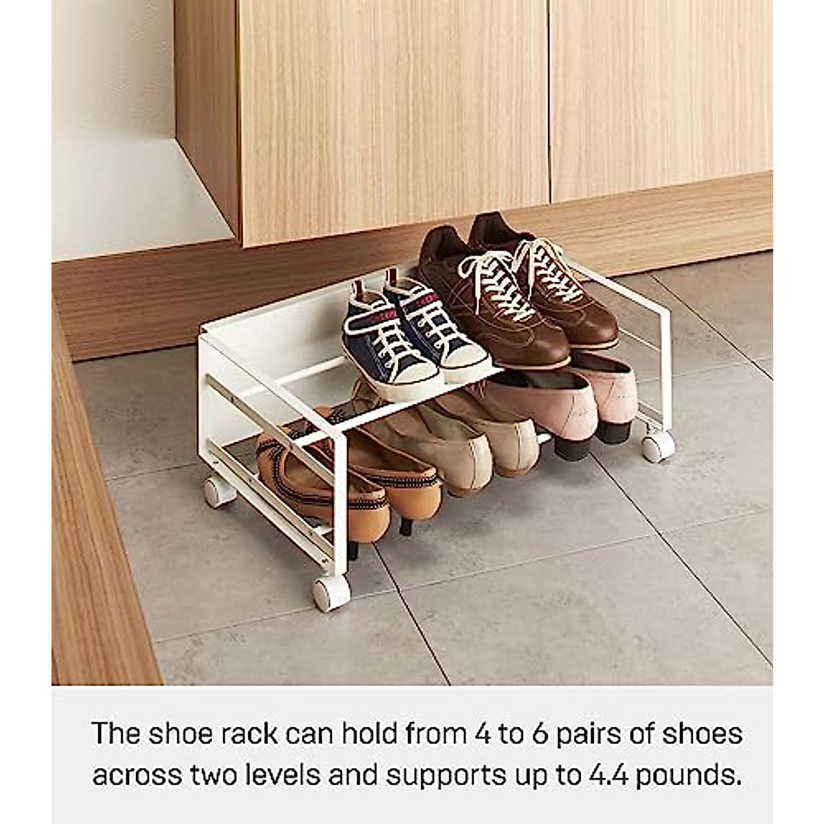 Yamazaki Home Frame Rolling Shoe Rack, 9" - Steel - Holds 4 Shoes, 6 Heels