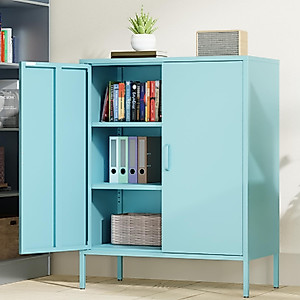 COFaR Blue Metal Cabinet with Doors and Shelves,Metal Storage Cabinet with Leg,Multipurpose 3-Tier Office Cabinets,Metal Liquor Cabinet for Home Office,Coffee bar,Kitchen
