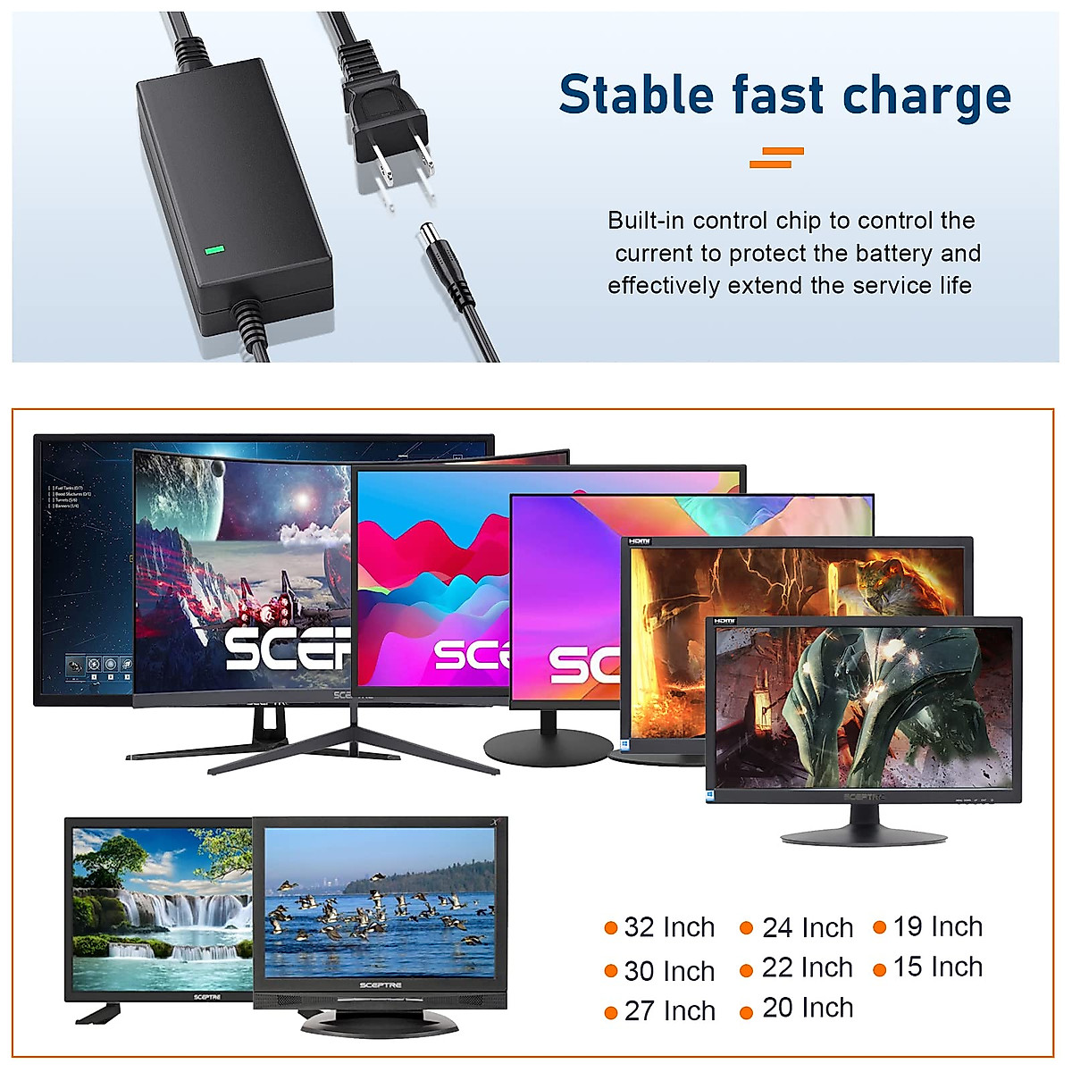 SoulBay 12V Power Cord for Sceptre Monitor, DC in 12V 5A AC Adapter for Sceptre 19" 20" 22" 24" 25" 27" 30" 32" Series LCD LED Monitor TV AD48ACM120400 Charger Replacement Power Supply, UL Listed