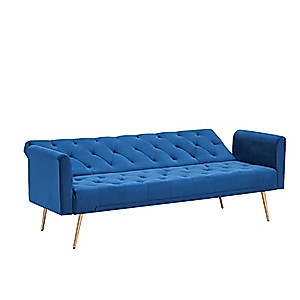 Eafurn Comfy Velvet Upholstered Futon Foldable Daybed Bed for Sleep Overs, Convertible Sleeper Loveseat with 2 Pillows, 71" Tufted Sofa & Couches with Golden Metal Legs for Compact Living Space, Blue