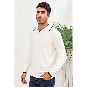 Mens Polo Sweater Long Sleeve Knitted Slim Fit Pullover V-Neck Casual Striped Knitwear Tops
