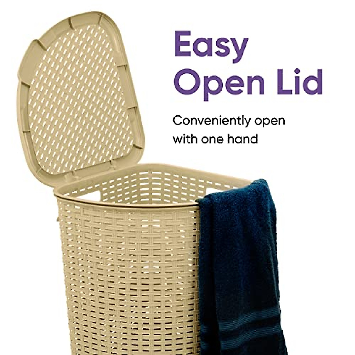 Plastic Corner Laundry Hamper with Lid, Curved Designed Laundry Basket, 2 Pack Triangle Beige Cloths Hamper Organizer with Cut-out Handles for Laundry Room Bedroom Bathroom, Wicker Design, 50 Liter