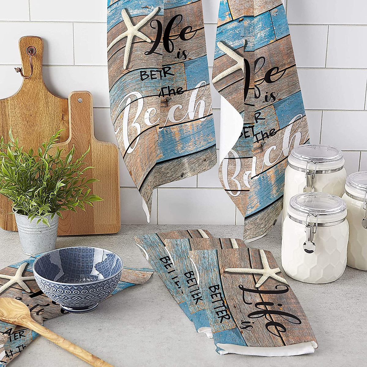 Kitchen Dish Towels 3 Pack-Super Absorbent Soft Microfiber,Marine Life Starfish Beach Life is Better at The Beach Rustic Wood Grain Cleaning Dishcloth Hand Towels Tea Towels for Kitchen Bathroom Bar