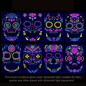 8 sheets Luminous Halloween Face Tattoos Glow in The Dark Day of the Dead Full Face Tattoos Waterproof Decorations Sugar Skull Stickers UV Glow Neon Mask Tattoo for Masquerade and Parties