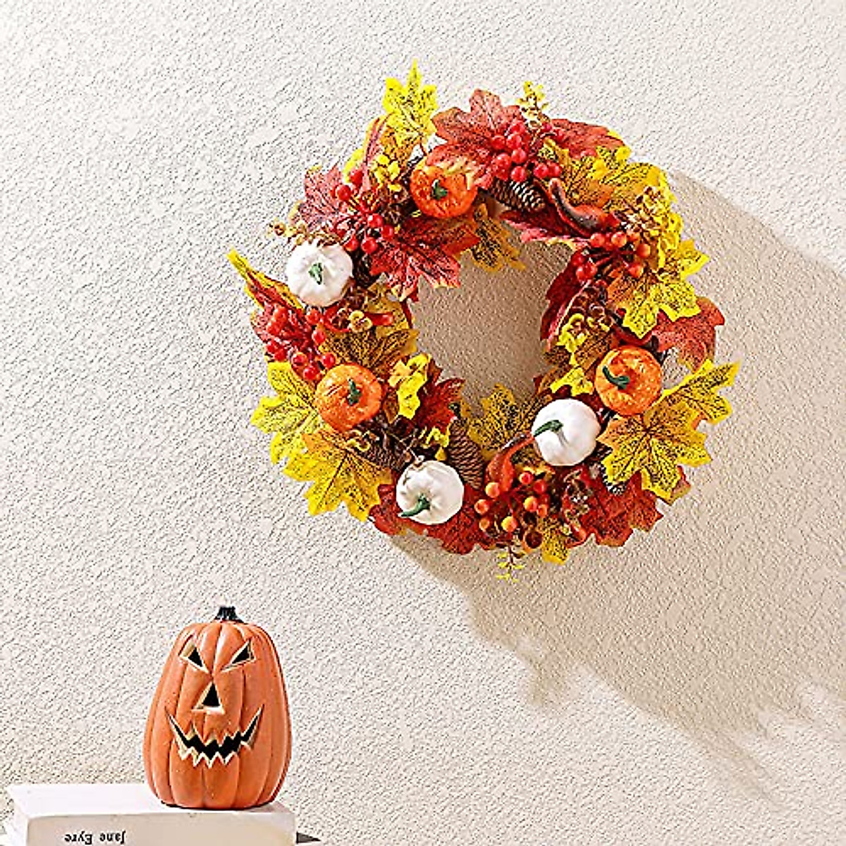 Fall Front Door Wreath Thanksgiving Winter, Halloween Wreaths for Front Door Autumn Festival Wedding Silk Vine Welcome Sign Flower Colorful Grain Yellow Wreaths Pinecones