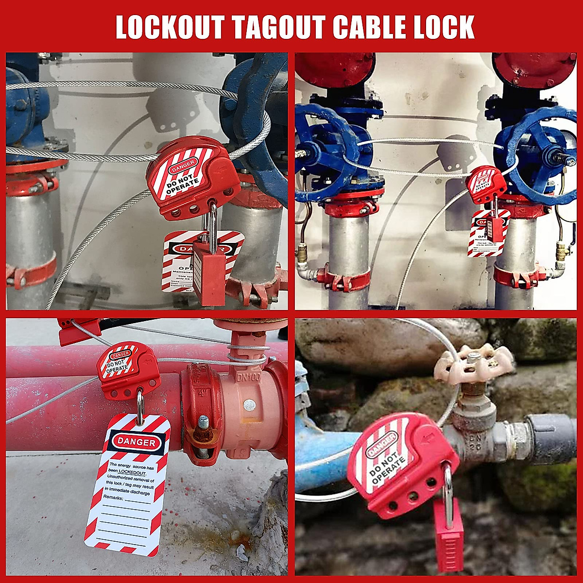 Lockout Tagout Cable Lock 9 PCS Adjustable Loto Steel Cable with Vinyl Coated,1/4" Diameter, 6' Length,for Alamanda Lock Out Tag Out Station Kit