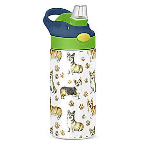 MCHIVER Watercolor Corgi Paw Puppy Dog Kids Water Bottle with Straw Insulated Stainless Steel Kids Water Bottle Thermos for School Boys Girls BPA Free Cups 12 oz / 350 ml Green Top