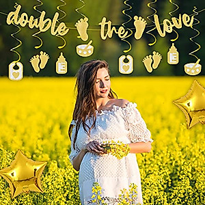 110 PCs Twins Baby Shower Decorations, Fiesec Oh Babies Foil Confetti Balloon Artificial Leaves Double the Love Glitter Banner Hanging Swirl Cake Cupcake Topper Gold White Green