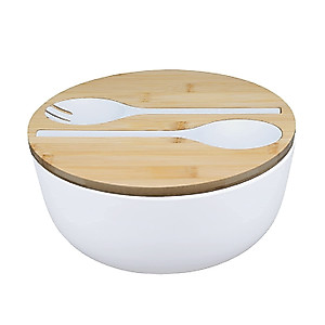 Bamboo Salad Bowl with Serving Spoons, Wooden Bamboo Lid and Cutting Board. Large 9.8 Inch Mixing, Fruit, Food, Dessert, Storage Bowl Set. Lightweight, Dishwasher Safe. White