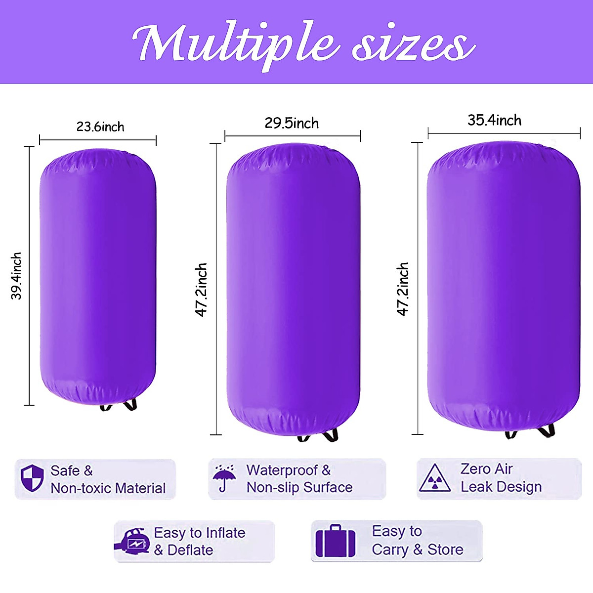 86 York Air Barrel Gymnastics Roller Inflatable Tumbling Mat, Cheerleading with Electric Pump (60cm(D)*100cm(H), PURPLE)