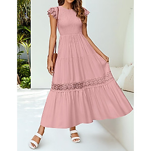 ZESICA Women's Casual Crew Neck Flutter Sleeve Smocked High Waist Hollow Out Lace Trim Tiered A Line Midi Dress,DarkPink,Small