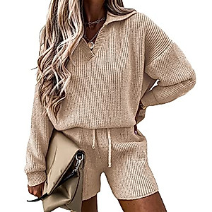 PRETTYGARDEN Women's 2 Piece Outfits 2024 Winter Long Sleeve V Neck Knit Pullover And Shorts Sweater Tracksuit Sets (Beige Apricot,Medium)