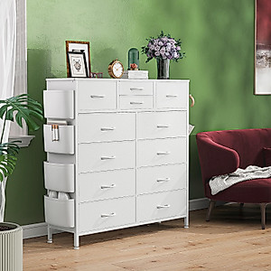 YaFiti Dresser for Bedroom with 12 Drawers, Chest of Drawers with Side Pockets and Hooks, PU Fabric Dresser Drawers for Living Room, Hallway, Entryway (White)