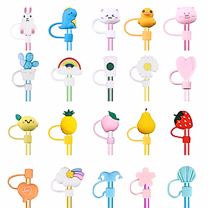 Straw Covers Cap,20PCS Straw Toppers for Tumblers,Reusable Animals Fruit Straw Tips Cover for Outdoor Home Kitchen Party Decor,Duck Dinosaur Sun Silicone Straw Cover