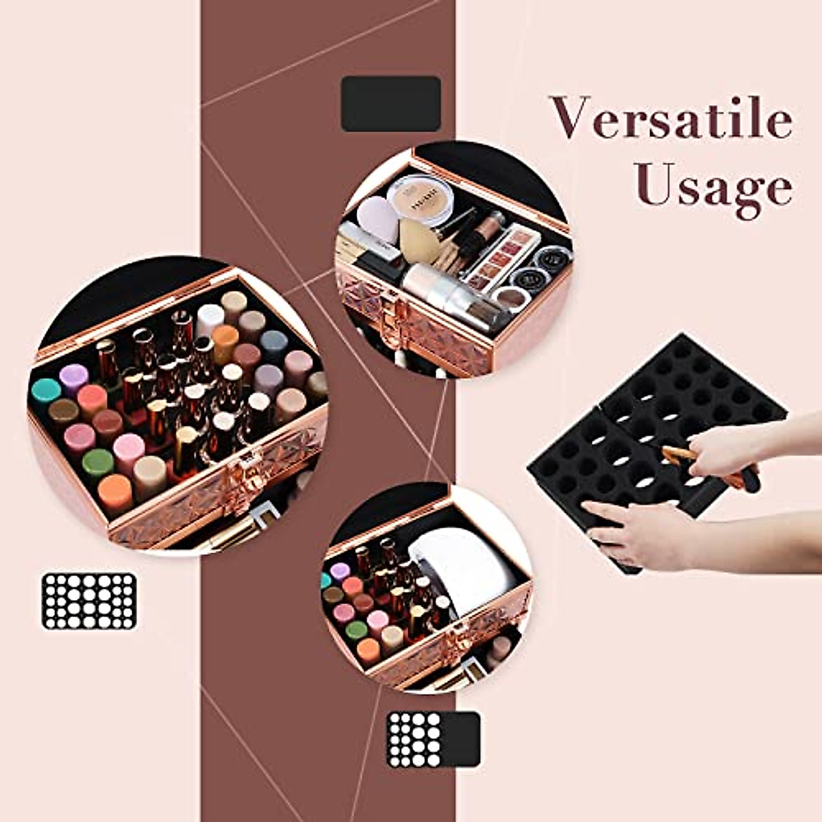 Costravio Nail Supplies Organizer Box Nail Polish Storage Case for Nail Tech or Home Use With Drawer and Slots Travel Makeup Train Case Portable Lockable - Rose Gold