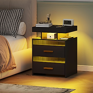 Nightstand with Charging Station and LED Lights, Night Stand with 2 Drawers, Wood Smart Bedside Table, Modern Bed Side Table for Bedroom, Black