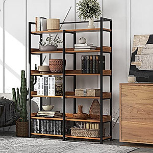 MENGK 70.8 Inch Tall Bookshelf MDF Boards Stainless Steel Frame, 6-Tier Shelves with Back&Side Panel, Adjustable Foot Pads, Brown