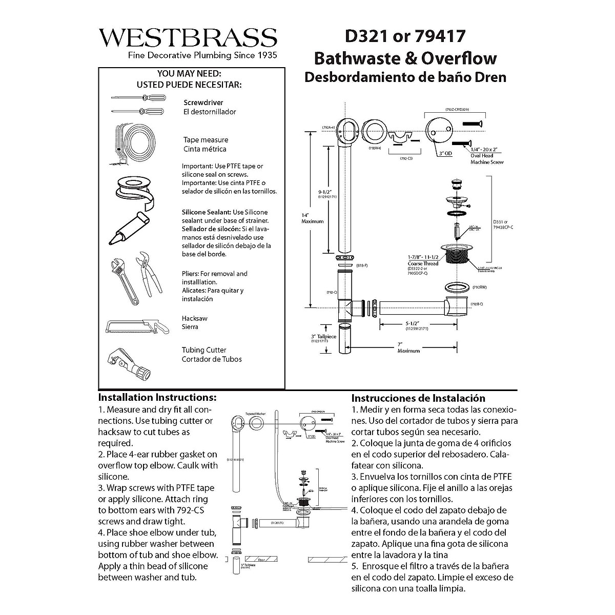 Westbrass 14" Brass Twist & Close Bath Waste & Overflow with 2-Hole Faceplate, Matte Black, D321-62