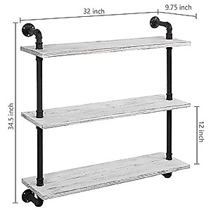 MyGift 3-Tier Wall Mounted Whitewashed Wood & Industrial Pipe Hanging Display Shelves for Living Room & Bedroom
