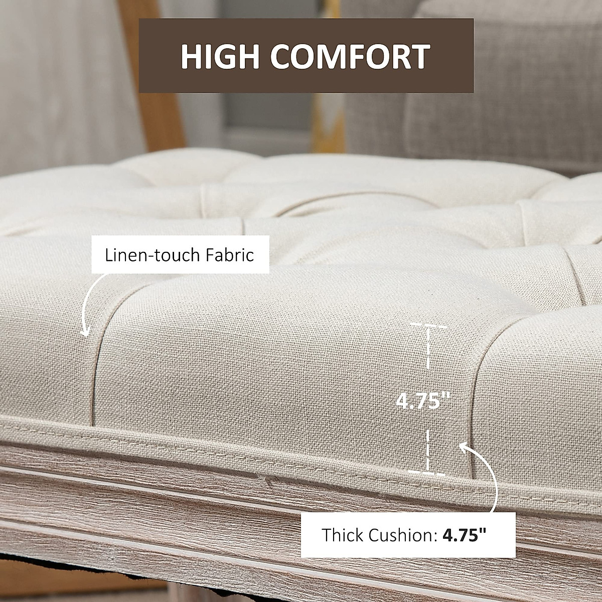 HOMCOM 32" Vintage Ottoman, Tufted Foot Stool with Upholstered Seat, Rustic Wood Legs for Bedroom, Living Room, Beige