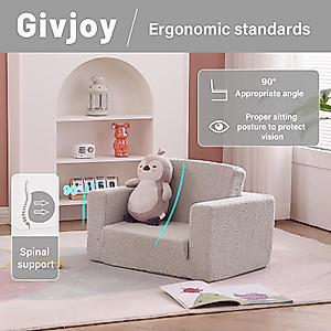 Givjoy Toddler Chair Sherpa Kids Couch, 2-in-1 Toddler Soft Kids Sofa Toddler Lounger Chair for Bedroom, Convertible Toddler Couch for Girls and Boys, Reading Chair for Kids, Grey