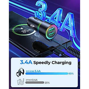 FLYLEAD Car Charger, 3.4A USB Car Charger Adapter Dual USB Car Charger with 5ft USB C Cable, Car Charger Adapter for Samsung Galaxy S22/S21/S10/iPhone/Note 20/Moto/Google Pixel 6 and More