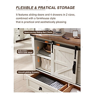 T4TREAM Farmhouse Dresser for Bedroom w/4 Drawers & Sliding Barn Doors, 48'' Wide Chest of Drawers, Rustic Dresser TV Stand w/Shelf, Dresser Organizer for Bedroom, Living Room, Entryway, Antique White