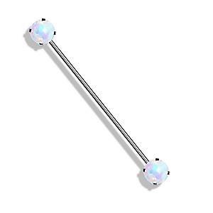 Pierced Owl 14G Stainless Steel Threadless Push-in Prong Synthetic Opal Industrial Barbell (Silver Tone/White Opal)