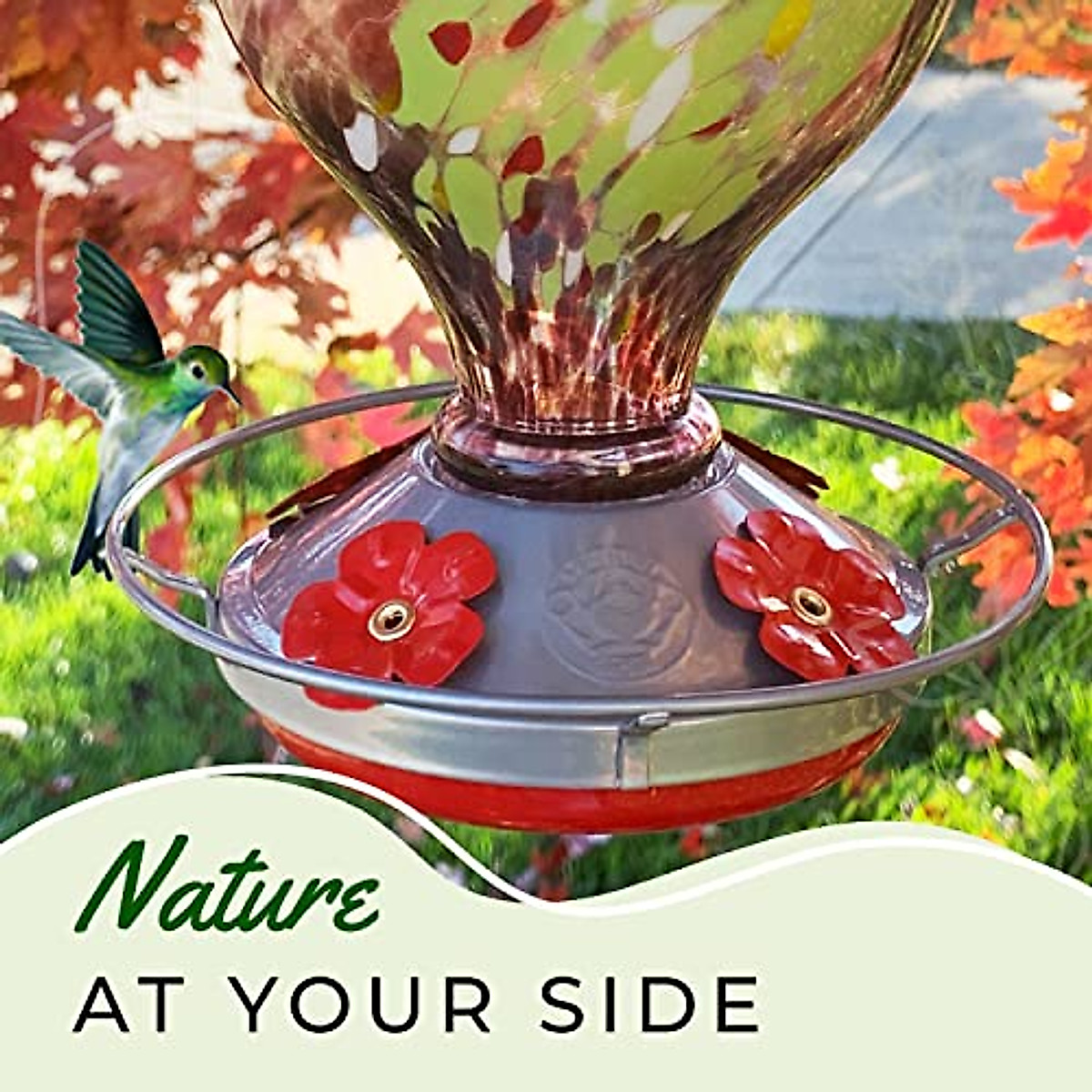 Hummingbird Feeder by Grateful Gnome - Large Hand Blown Stained Glass Feeder for Garden, Patio, Outdoors, Window with Accessories S-Hook, Ant Moat, Brush - 36fl oz, Large Purple Egg Design