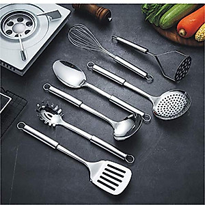 Berglander Cooking Utensil Set 8 Piece, Stainless Steel Kitchen Tool Set with Stand,Cooking Utensils, Slotted Tuner, Ladle, Skimmer, Serving Spoon, Pasta Server,Potato Maseher, Egg Whisk. （8 Pieces）