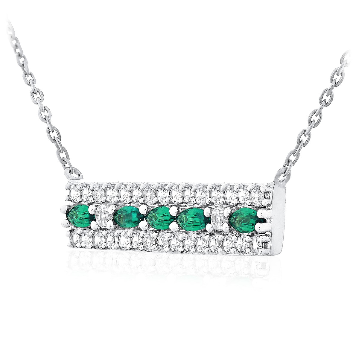 .925 Sterling Silver Marquise Cut Green Lab Grown Emerald and Lab Grown White Sapphire Three Row Horizontal Bar Necklace - 18"