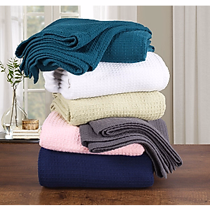 GLAMBURG 100% Cotton Thermal Blanket, Breathable Bed Blanket Twin Size, Soft Waffle Blanket, Twin Blanket, All Season Cotton Blanket, White