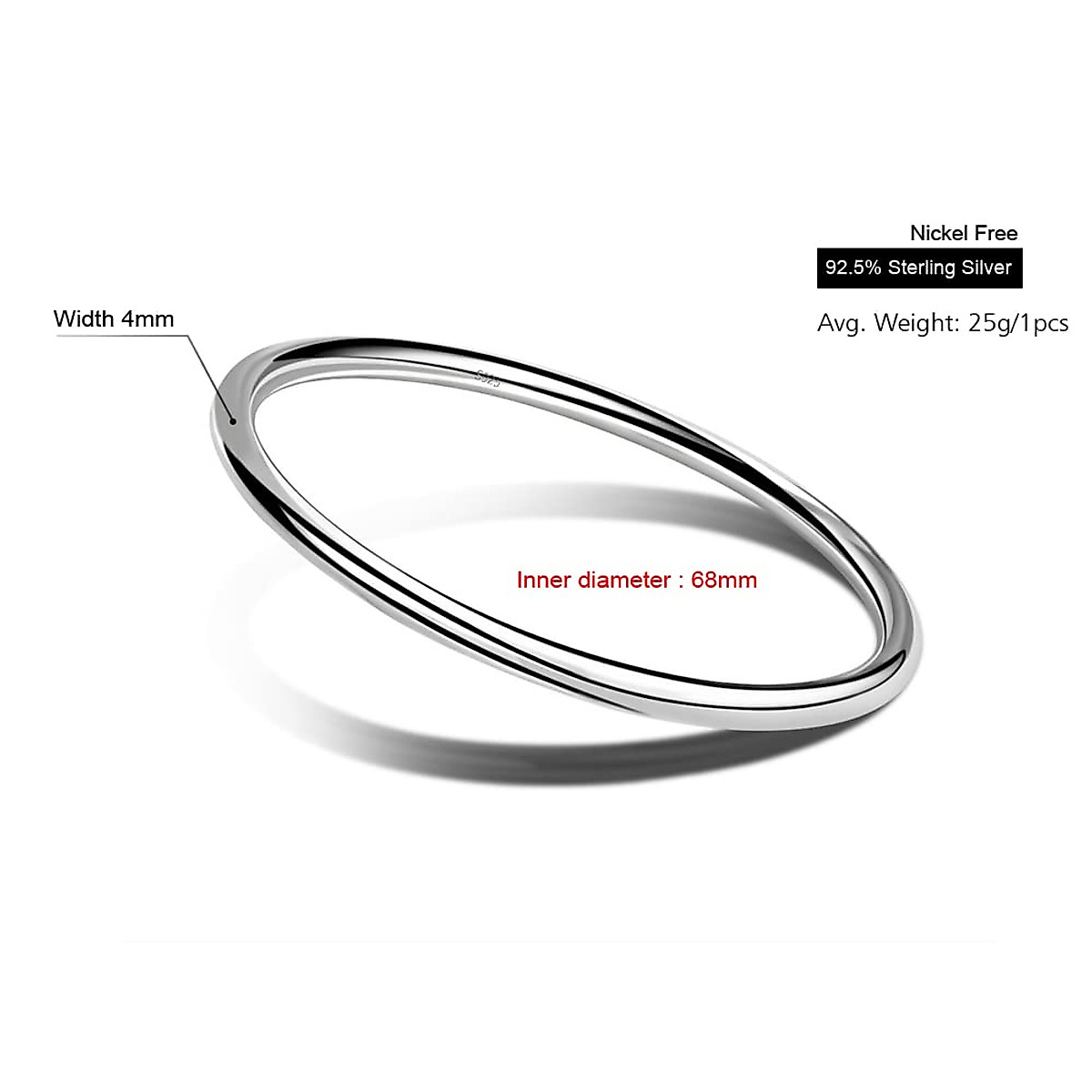 Meilanduo Solid 925 Sterling Silver 4mm High Polished Round Circle Bangle Shiny Minimalist Bangle Bracelet for Women (68mm for Large Wrists)